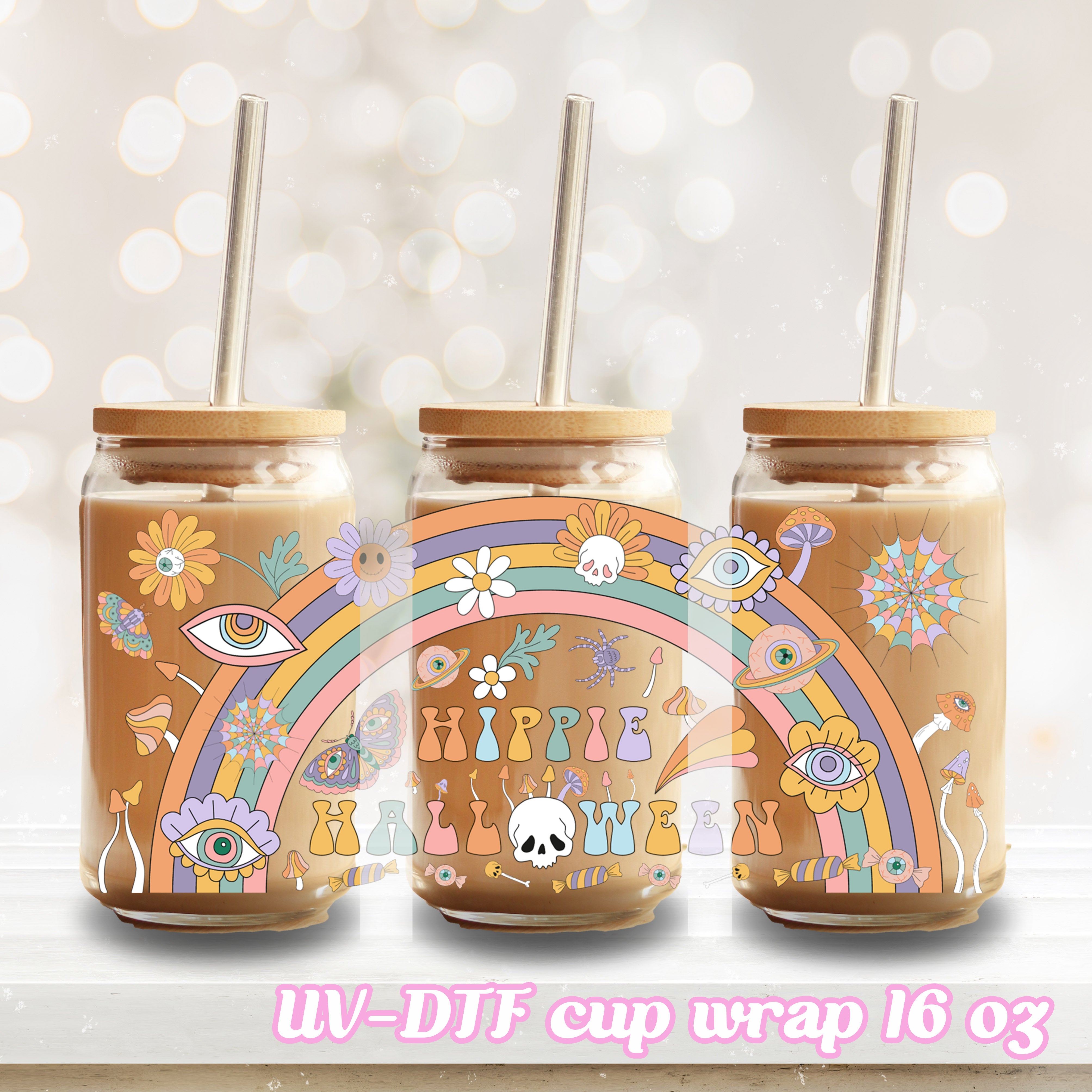 Uv Dtf Hippie Halloween 16oz Libbey Glass Cup Wrap Only Crafty Mood